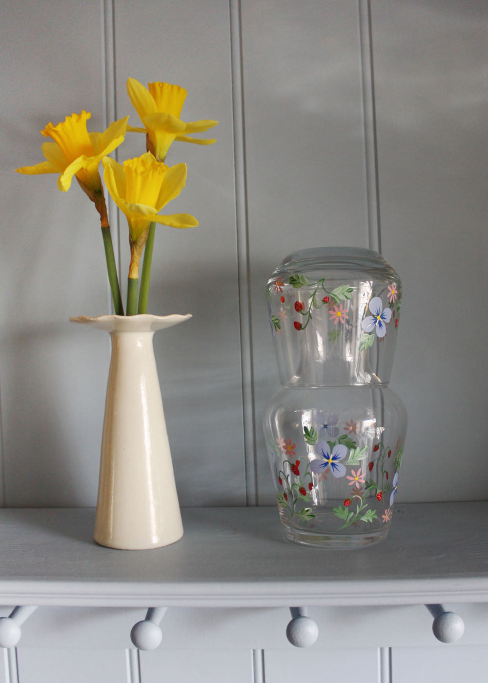 Cocolulu hand painted Blue floral & strawberry carafe & glass set
